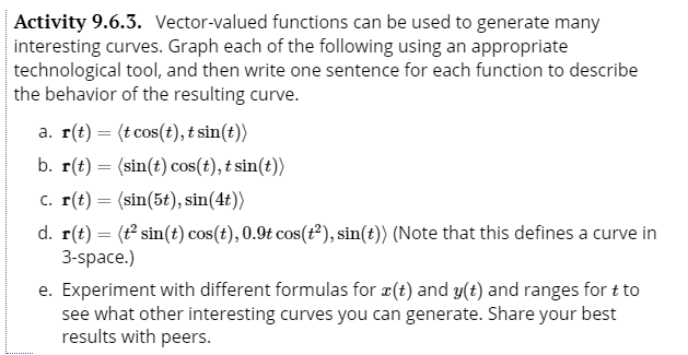 Solved Activity 9.6.3. Vector-valued functions can be used | Chegg.com