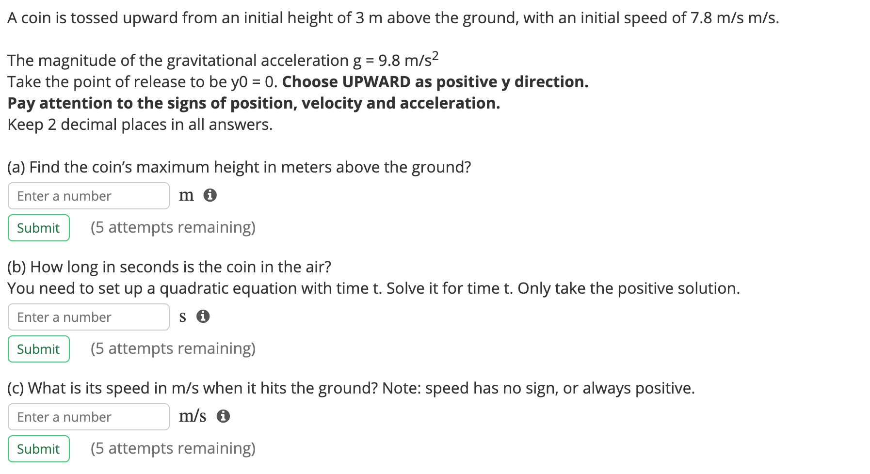 Solved A coin is tossed upward from an initial height of 3 m | Chegg.com