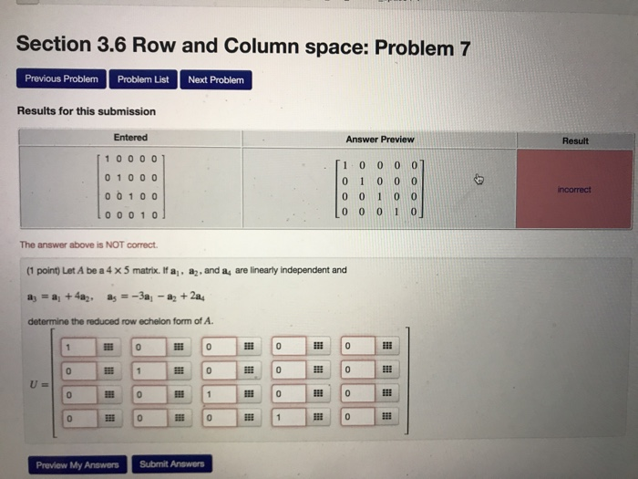 Solved Section 3.6 Row and Column space: Problem 7 Previous | Chegg.com