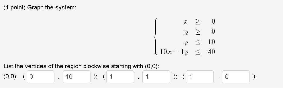 Solved (1 point) Graph the system: 2 0 0 10 10x + 1y