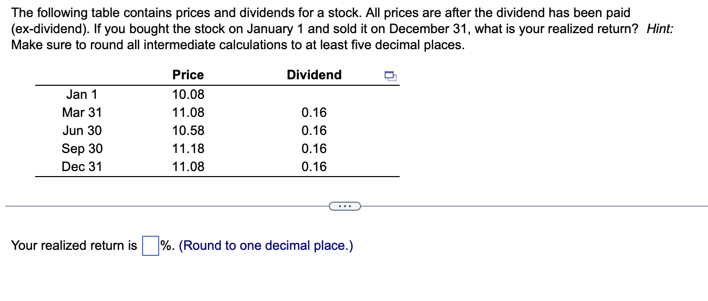 Solved The following table contains prices and dividends for | Chegg.com