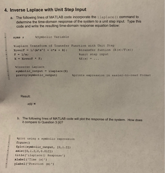 Solved 4. Inverse Laplace with Unit Step Input a. The | Chegg.com