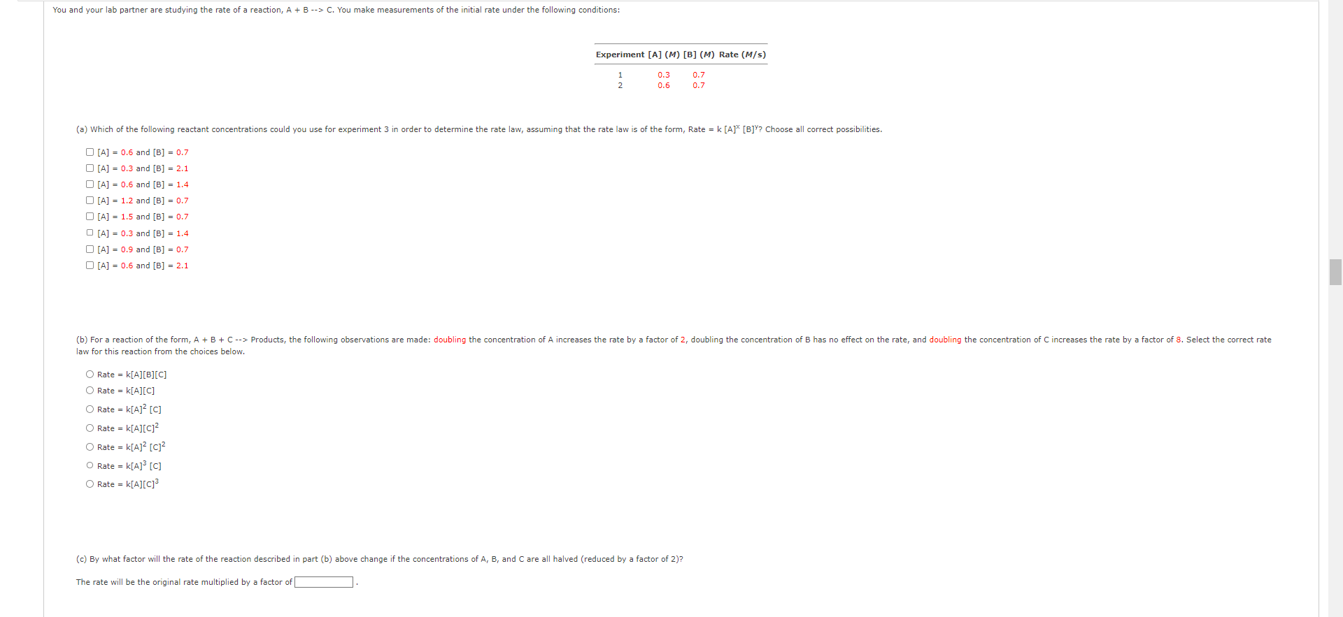 Solved (a) Which of the following reactant concentrations | Chegg.com