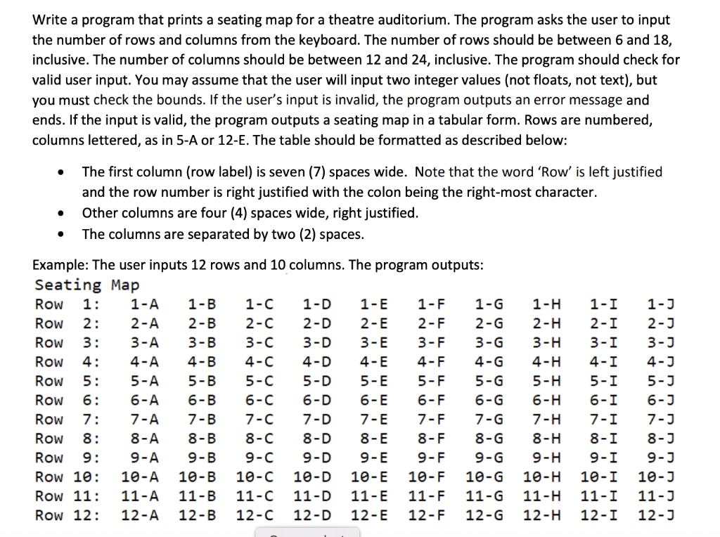 Solved Write a program that prints a seating map for a | Chegg.com