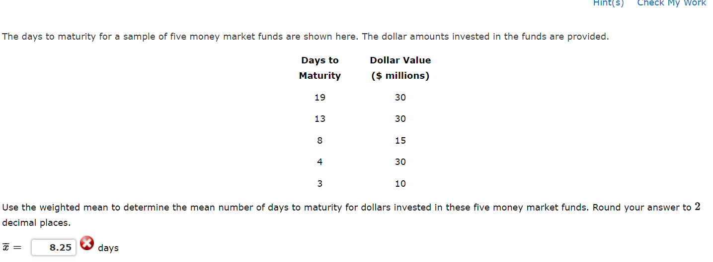 Solved The days to maturity for a sample of five money | Chegg.com