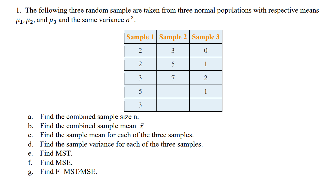 Solved 1. The following three random sample are taken from | Chegg.com