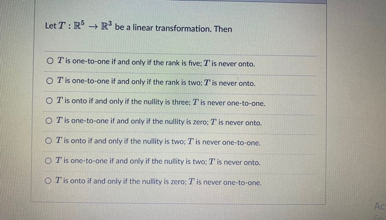 Solved Let T:R5→R3 be a linear transformation. Then T is | Chegg.com