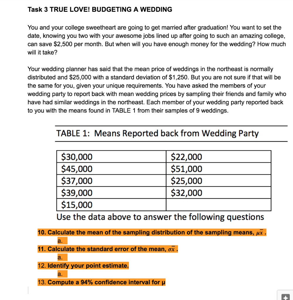 Solved Task 3 TRUE LOVE! BUDGETING A WEDDING You and your | Chegg.com