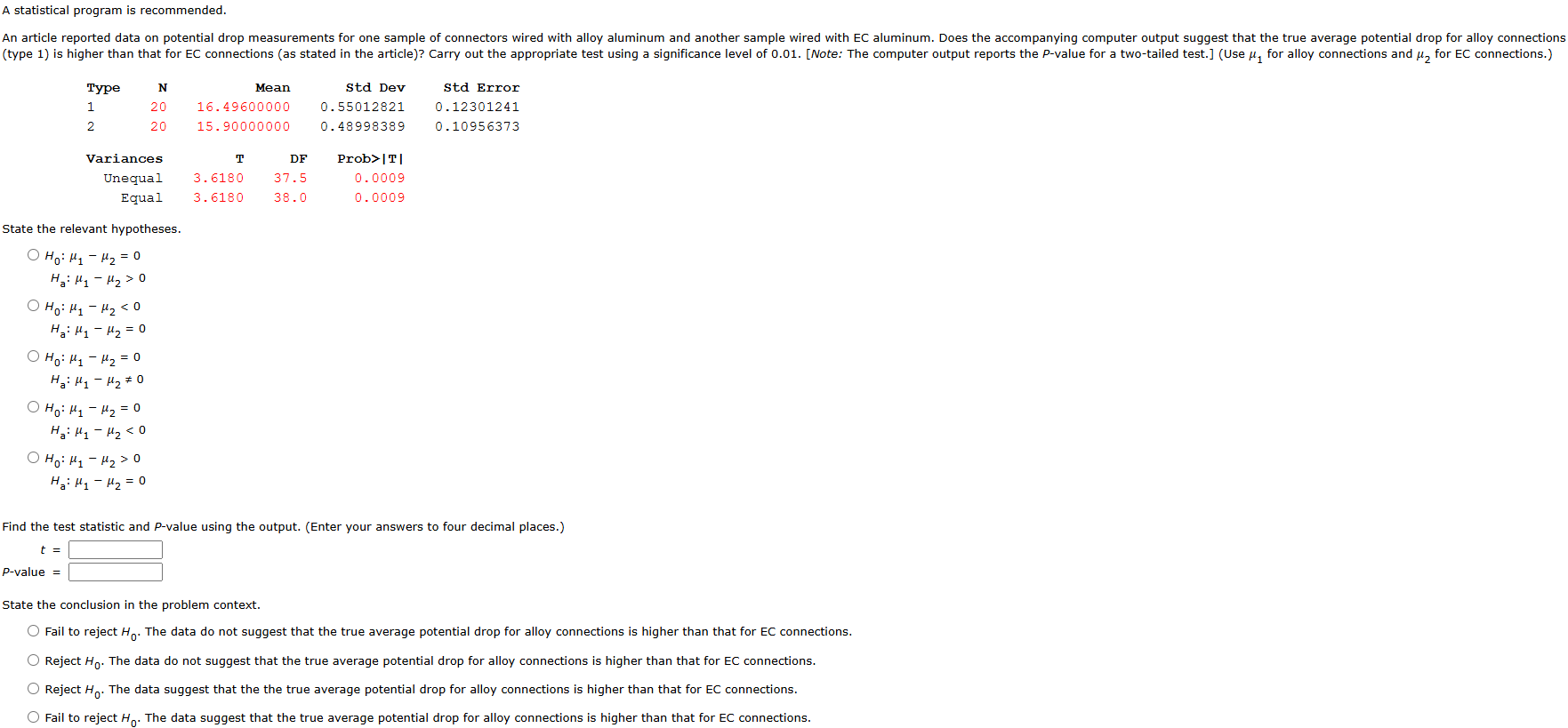 Solved by an EXPERT A statistical program is ﻿recommended.State the | Chegg.com