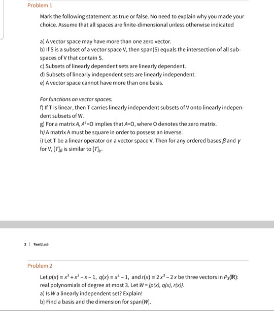Solved Problem 1 Mark the following statement as true or | Chegg.com