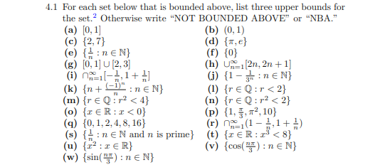 Solved For each set below that is bounded above, list three | Chegg.com