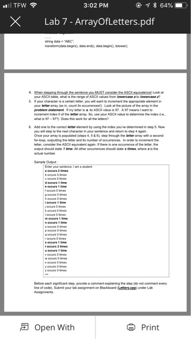 Solved TFVV令 3:02 PM × Lab 7-ArrayOfLetters.pdf Lab 7- Array | Chegg.com