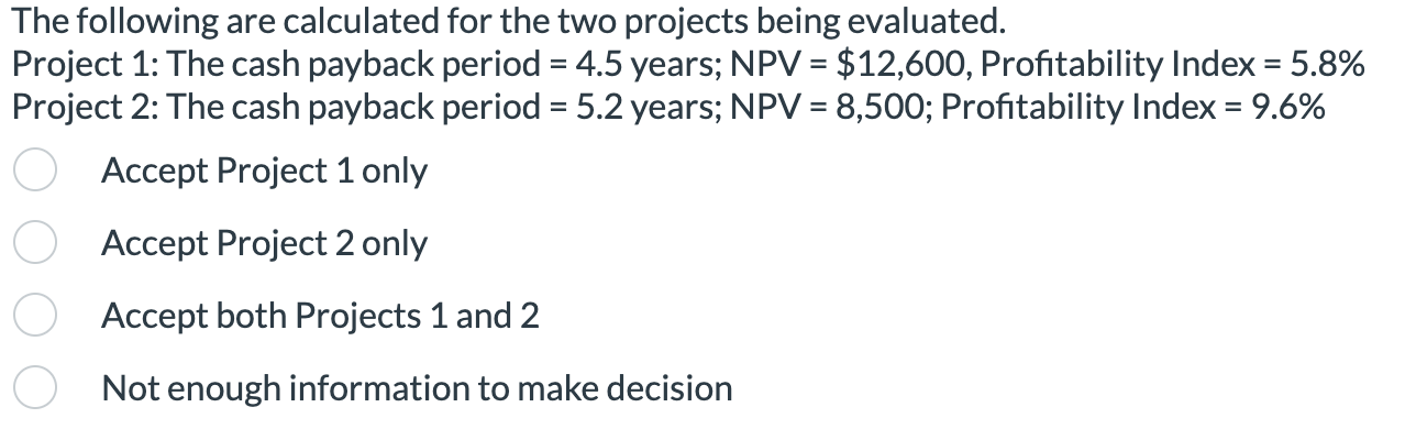 Solved The following are calculated for the two projects | Chegg.com