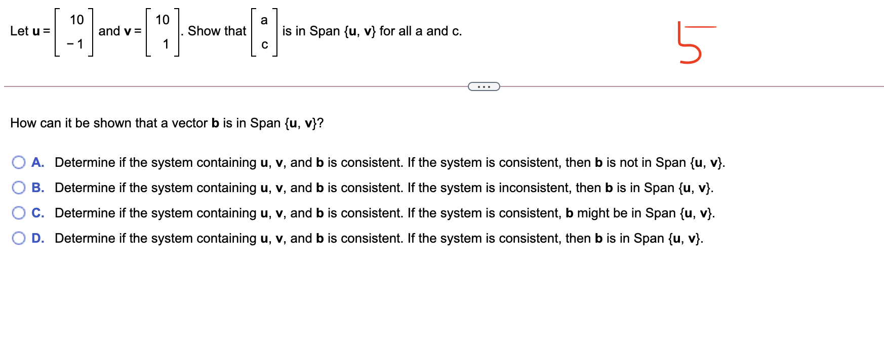 Solved 10 10 Let us and v= Show that : is in Span {u, v} for | Chegg.com