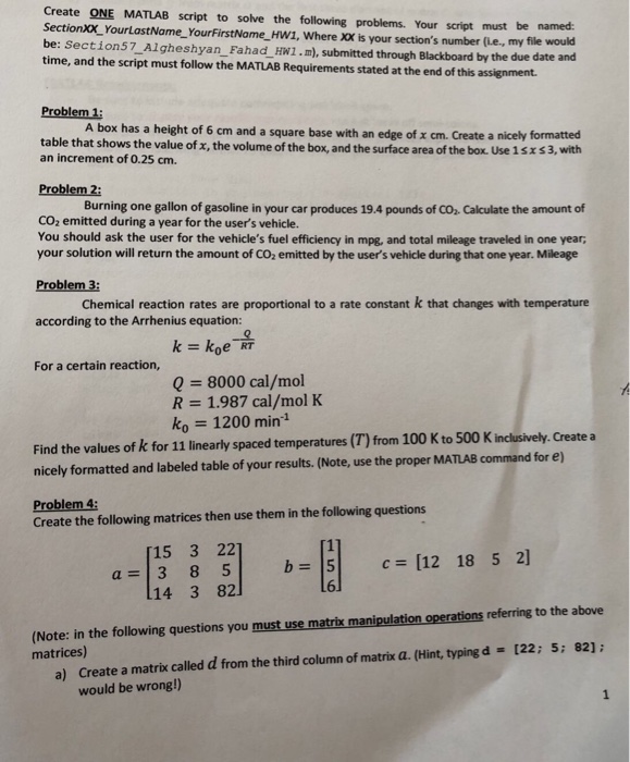 Solved Create ONE MATLAB script to solve the following | Chegg.com