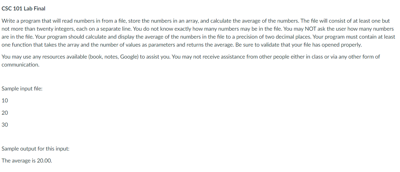 Solved CSC 101 Lab Final Write a program that will read | Chegg.com