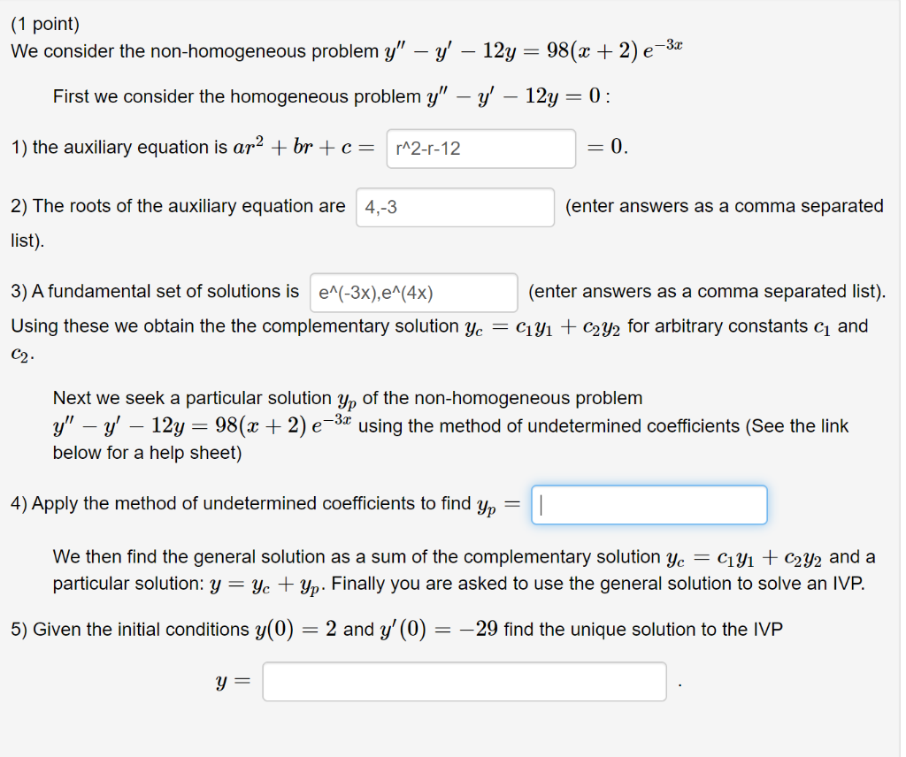 Solved (1 point) We consider the non-homogeneous problem y" | Chegg.com