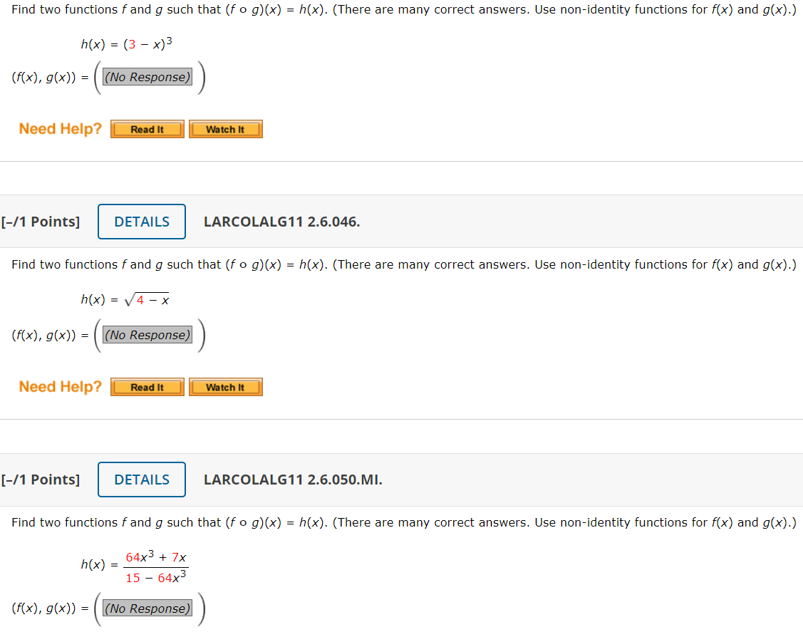 Solved Find two functions f and g such that (fog)(x) = n(x). | Chegg.com