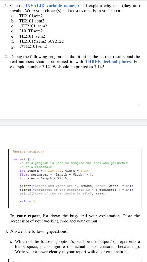 Solved 1. Choose INVALID variable name(s) and explain why it | Chegg.com