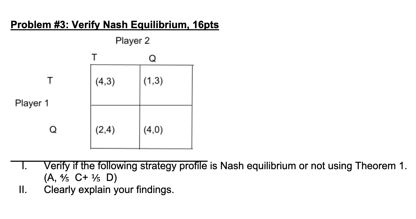 Solved Problem \#3: Verify Nash Equilibrium, 16pts Player 2 | Chegg.com
