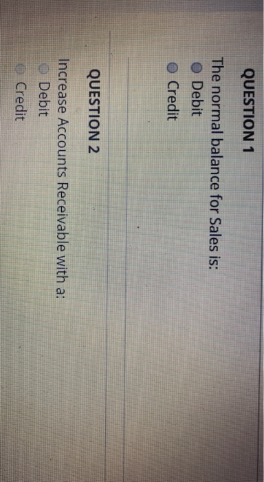 Solved QUESTION 1 The normal balance for Sales is: . Debit e | Chegg.com