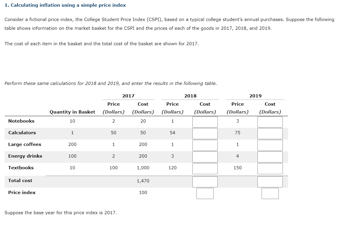 Solved 1. Calculating inflation using a simple price index | Chegg.com