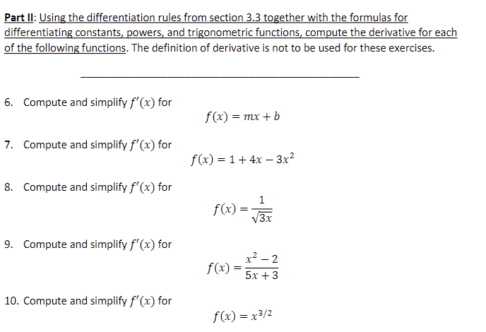 Solved Part II: Using the differentiation rules from section | Chegg.com