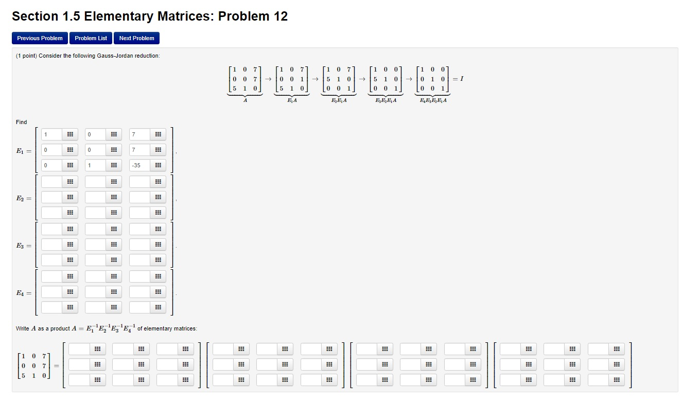Solved Section 1.5 Elementary Matrices: Problem 12 Previous | Chegg.com