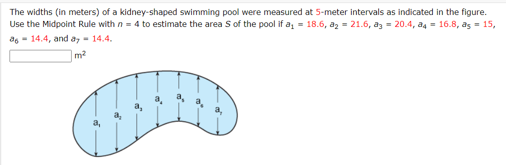 Solved The widths (in meters) of a kidney-shaped swimming | Chegg.com