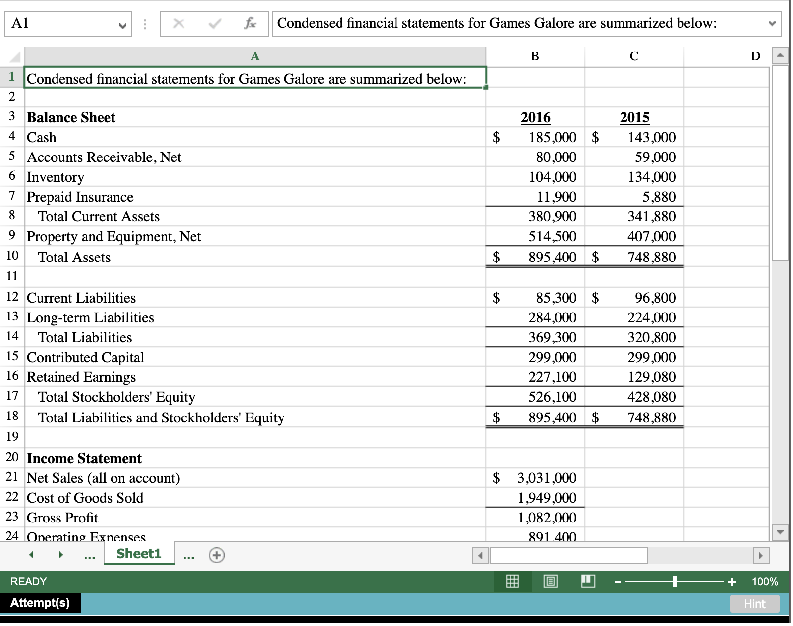Solved A1 Condensed financial statements for Games Galore | Chegg.com