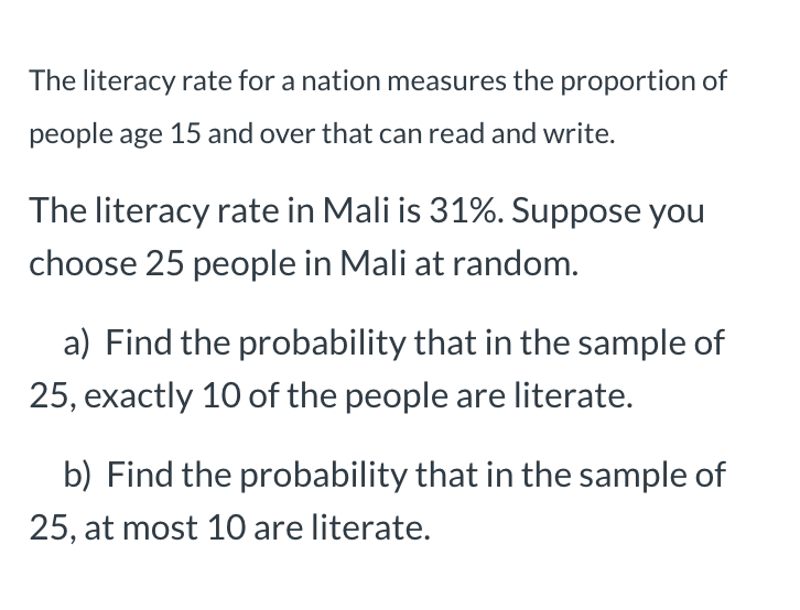 Solved The literacy rate for a nation measures the | Chegg.com