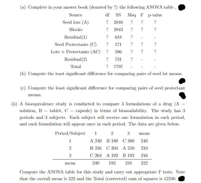 Solved 4. . (i) An experiment was conducted as a split-plot | Chegg.com
