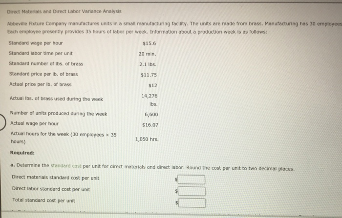 Solved Direct Materials and Direct Labor Variance Analysis | Chegg.com