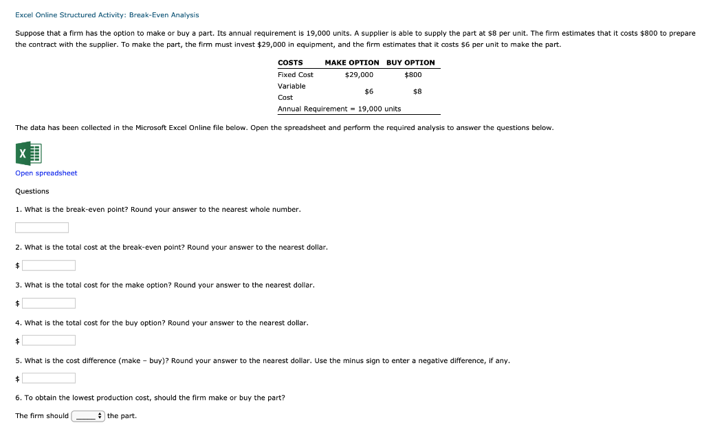Excel Online Structured Activity: Break-Even Analysis | Chegg.com