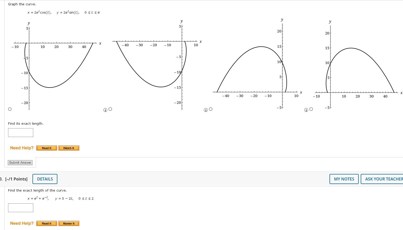 Solved x=2etcos(t),y=2etsin(t),0 Find its exact length. [-/1 | Chegg.com