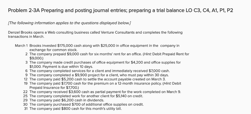 Solved Problem 2-3A Preparing and posting journal entries; | Chegg.com