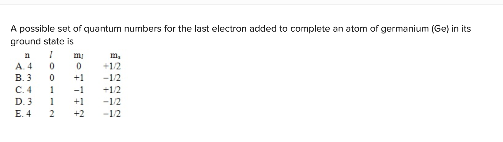 Solved A possible set of quantum numbers for the last | Chegg.com
