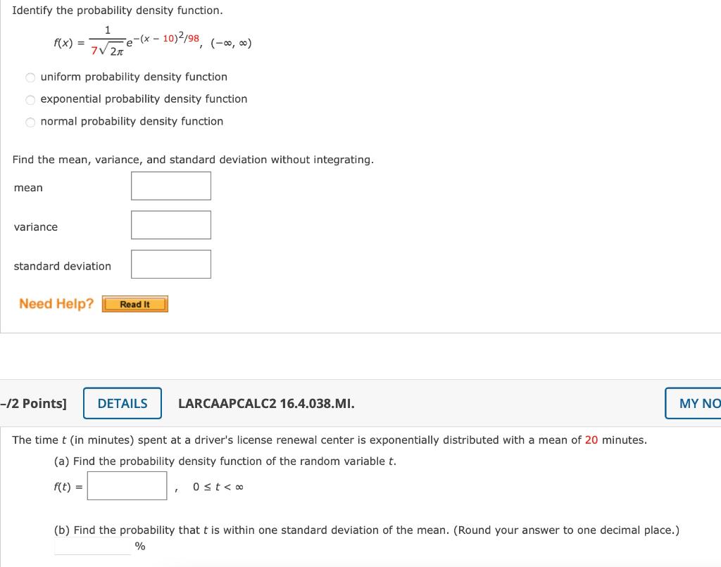 Solved Identify the probability density function. 1 f(x) = | Chegg.com