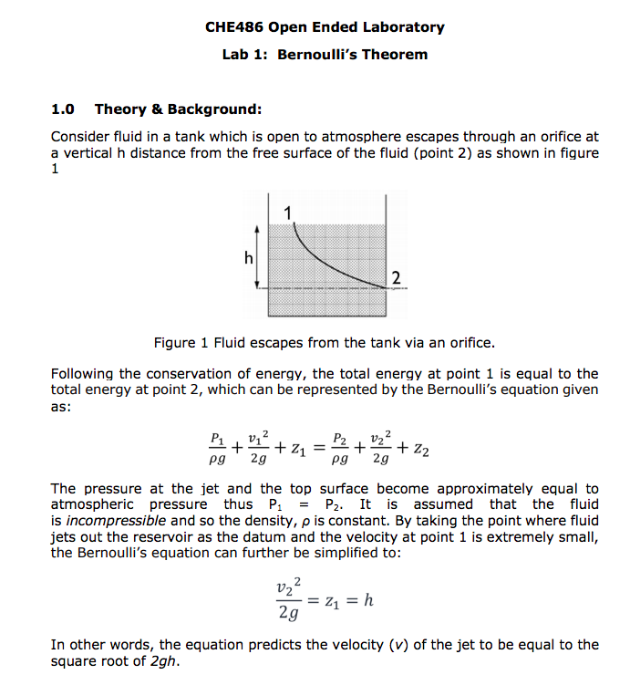 Solved CHE486 Open Ended Laboratory Lab 1: Bernoulli's | Chegg.com