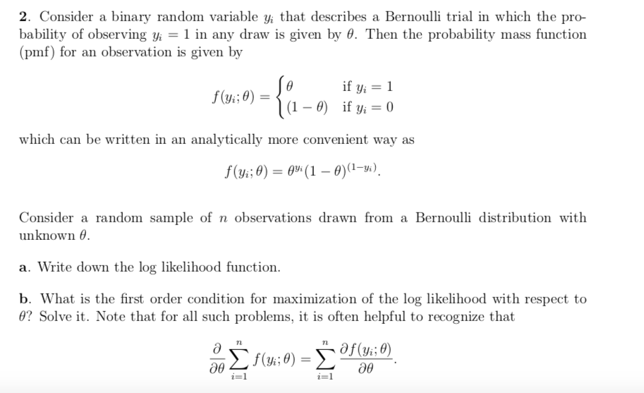 Solved 2 Consider A Binary Random Variable Yi That