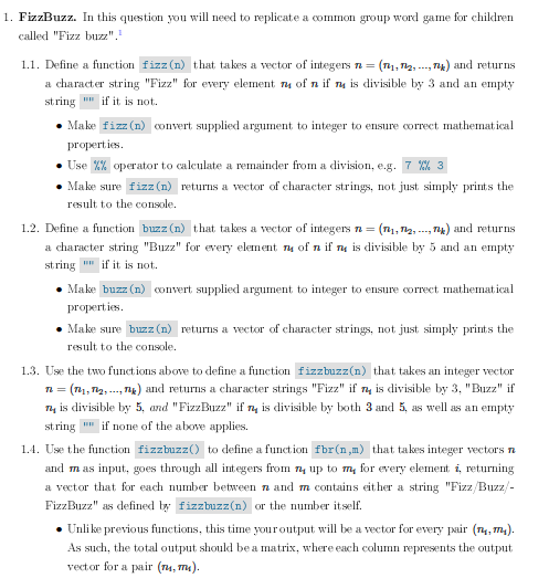Solved 1. FizzBuzz. In this question you will need to | Chegg.com