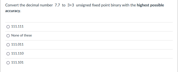 Solved Convert the decimal number 7.7 to 3+3 unsigned fixed | Chegg.com