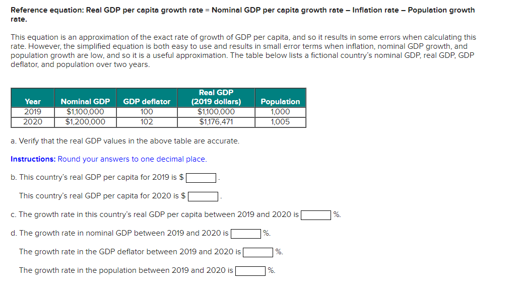 Solved Reference equation: Real GDP per capita growth rate = | Chegg.com