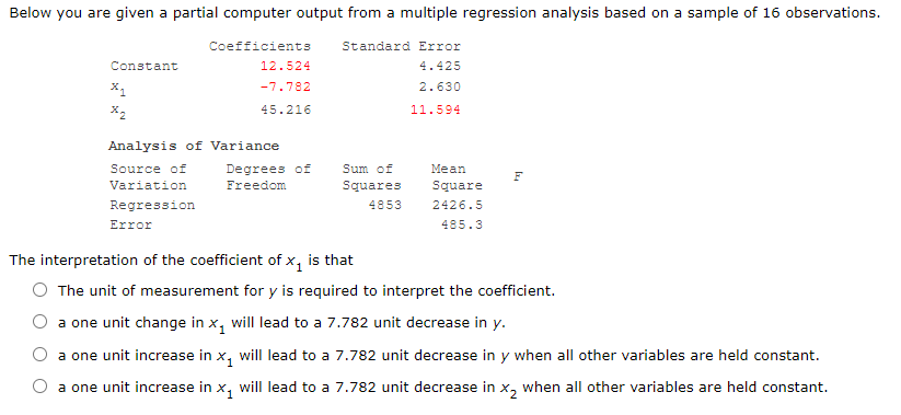 Solved Below you are given a partial computer output from a | Chegg.com