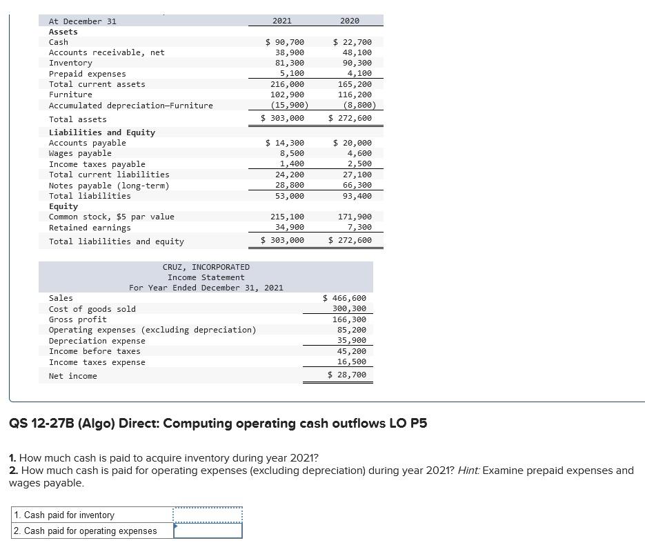 Solved QS 12-27B (Algo) Direct: Computing operating cash | Chegg.com