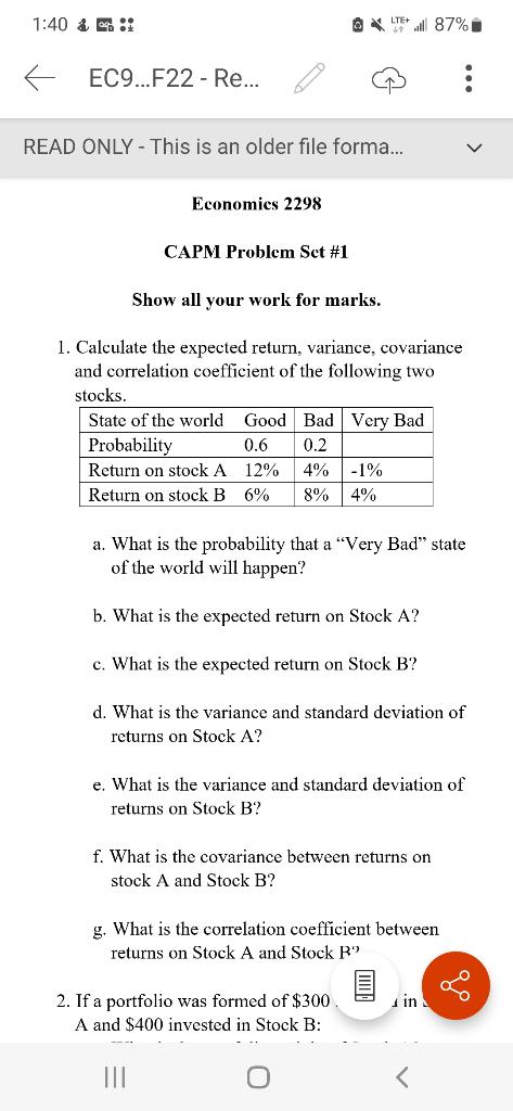 [solved] 1 Calculate The Expected Return Variance Cova