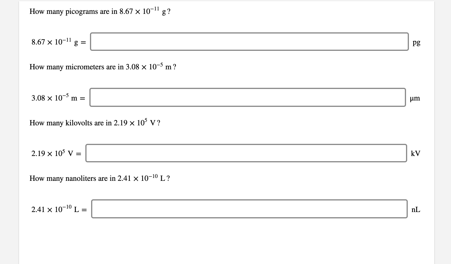 Solved How many picograms are in 8.67 x 10-11 g? 8.67 x | Chegg.com