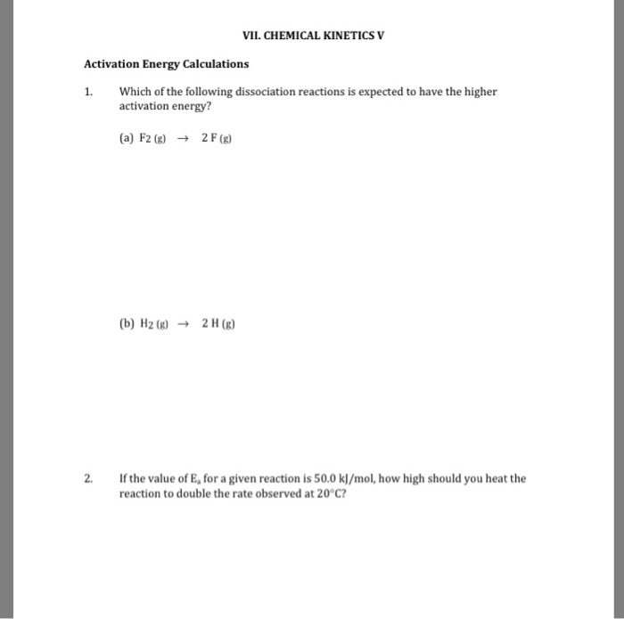 Solved VII. CHEMICAL KINETICS V Activation Energy | Chegg.com