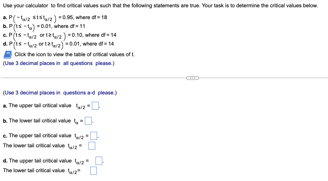 Solved Use your calculator to find critical values such that | Chegg.com