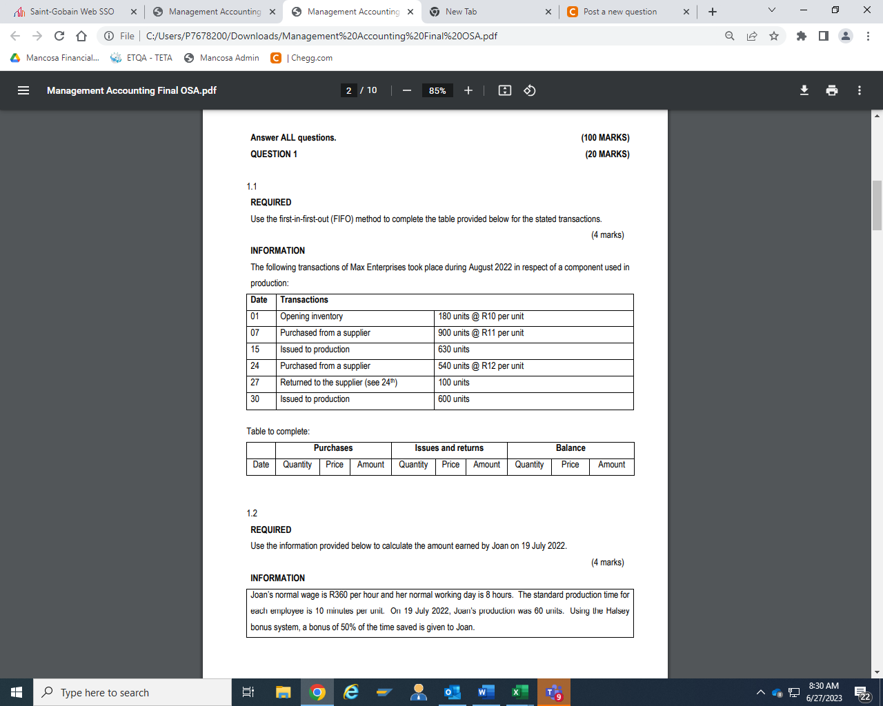 Solved Answer ALL questions. (100 MARKS) QUESTION 1 (20 | Chegg.com